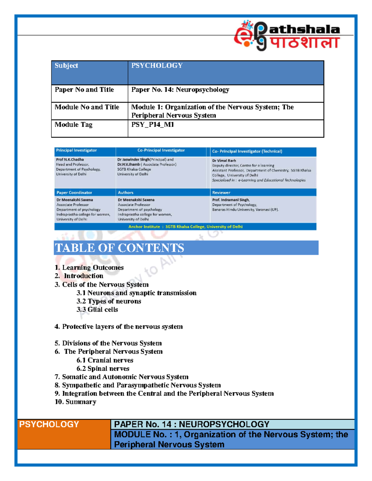 PSY_P14_M1: Neuropsychology - Organization of the Nervous System - Studocu