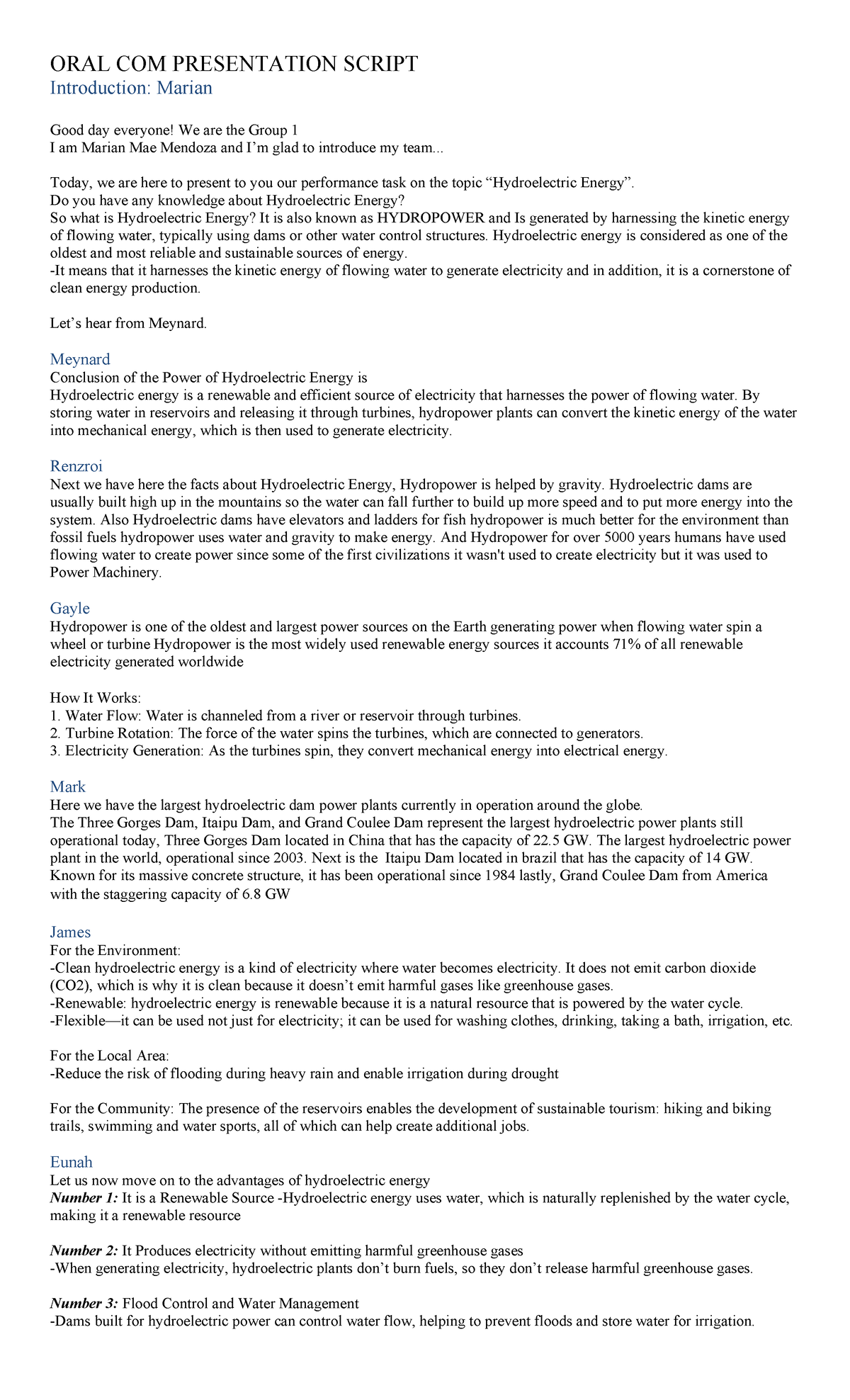 ORAL-COM- Final Presentation Script on Hydroelectric Energy - Studocu
