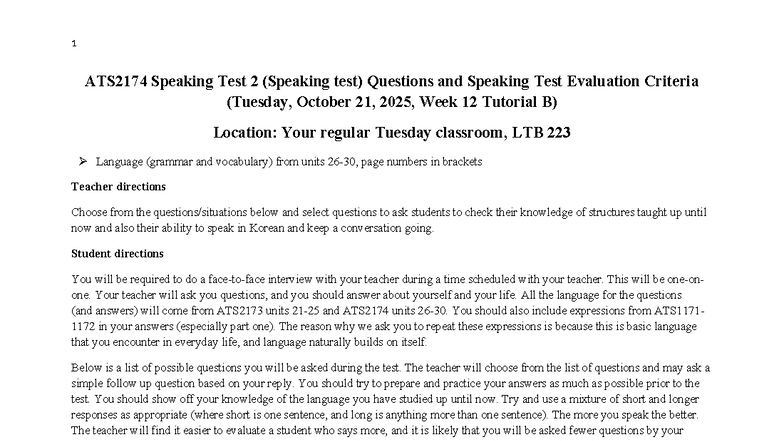 ATS2174 Speaking Test 2: Instructions, Evaluation Criteria & Examples ...