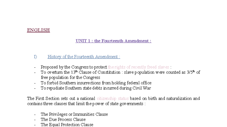 ENGLISH UNIT 1: The Fourteenth Amendment and Its Impact on Rights - Studocu