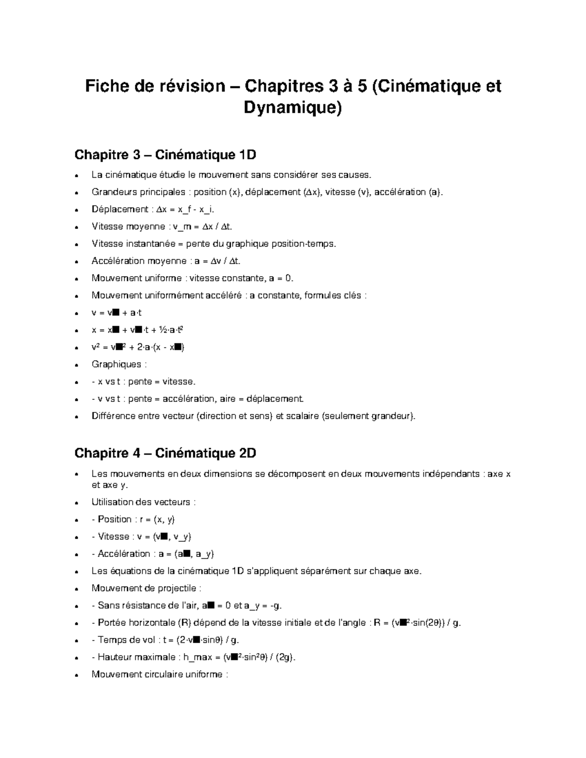 Fiche de Révision Physique: Chapitres 3 à 5 (Cinématique & Dynamique ...