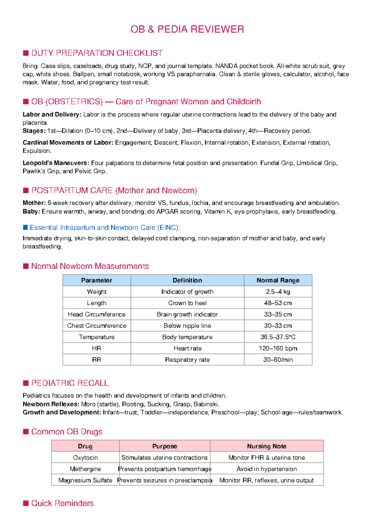 OB PEDIA REVIEWER: DUTY PREPARATION CHECKLIST & KEY CONCEPTS - Studocu