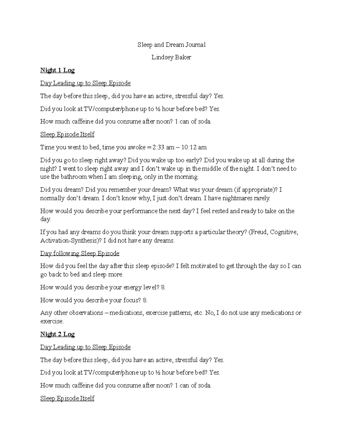 Sleep and Dream Journal - Assignment Log by Lindsey Baker - Studocu