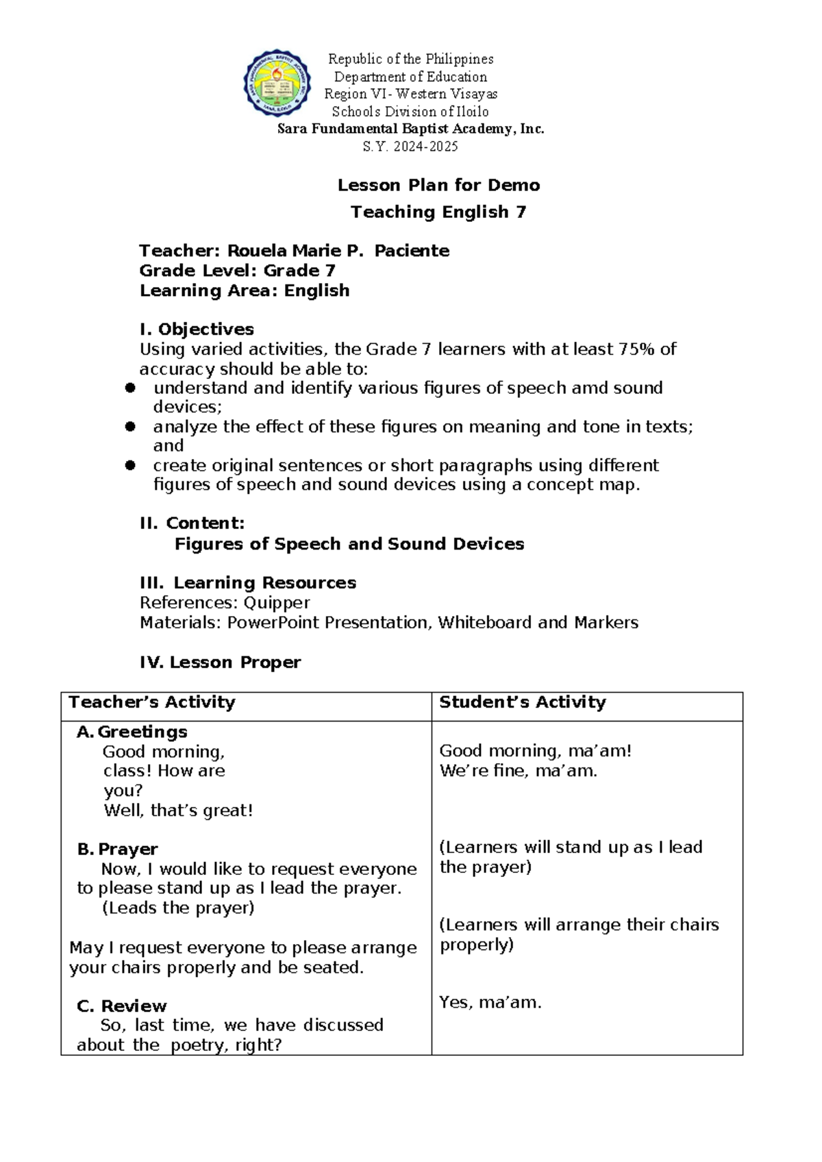 Lesson Plan for Demo: Teaching Figures of Speech in English 7 - Studocu