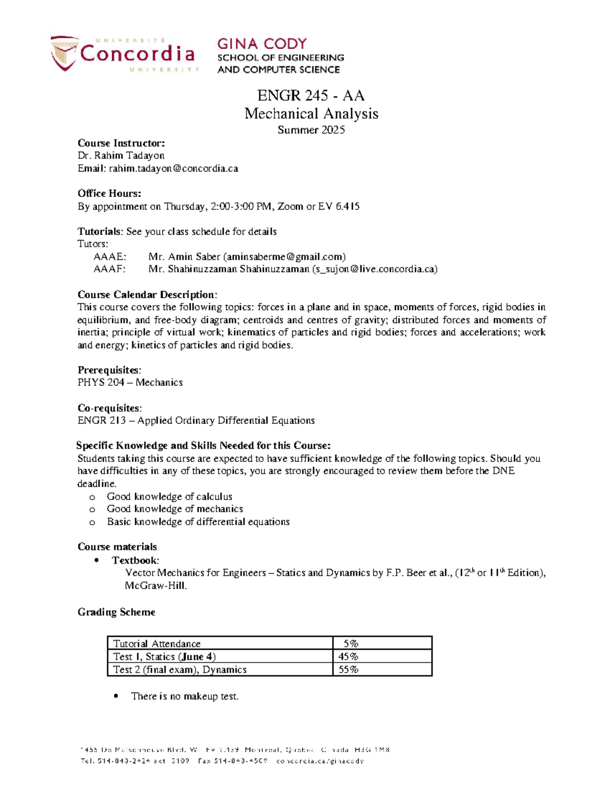 Course Outline for ENGR 245 AA: Mechanical Analysis - Summer 2025 - Studocu