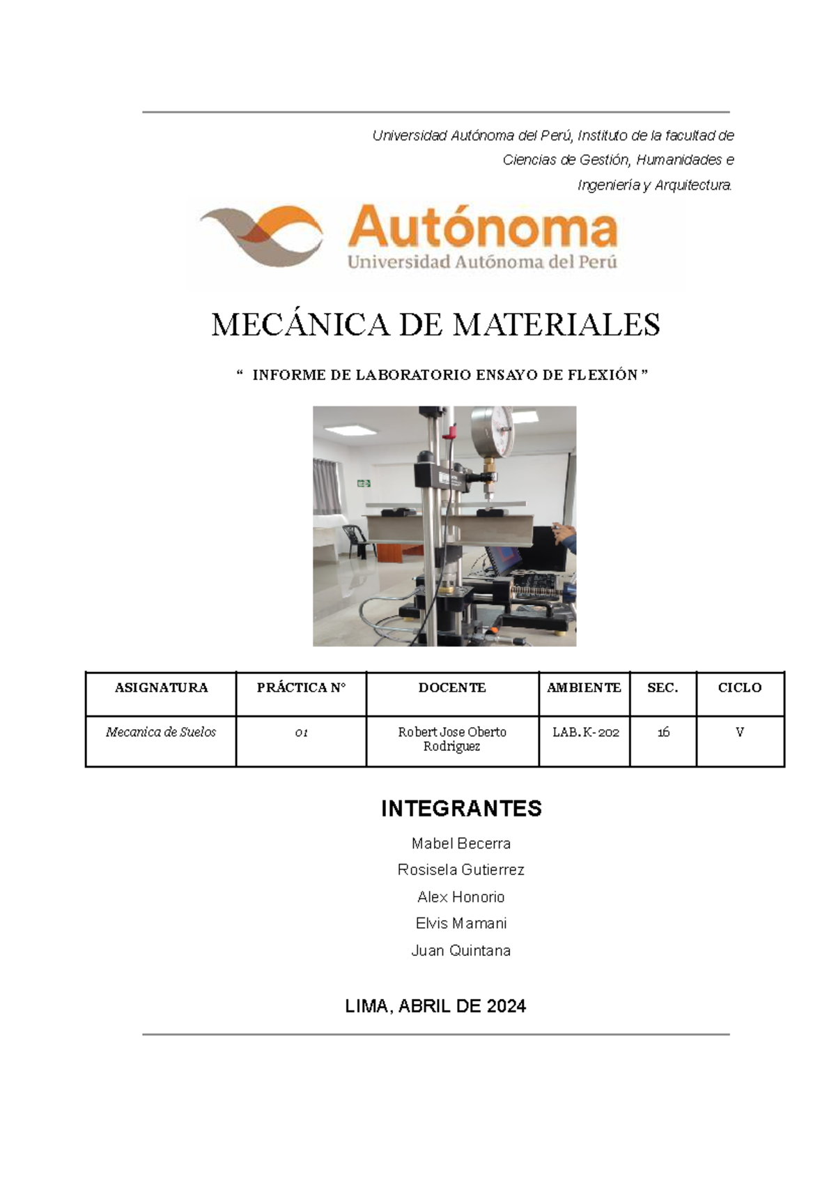 Informe de Laboratorio: Ensayo de Flexión - M.S 01 - Studocu