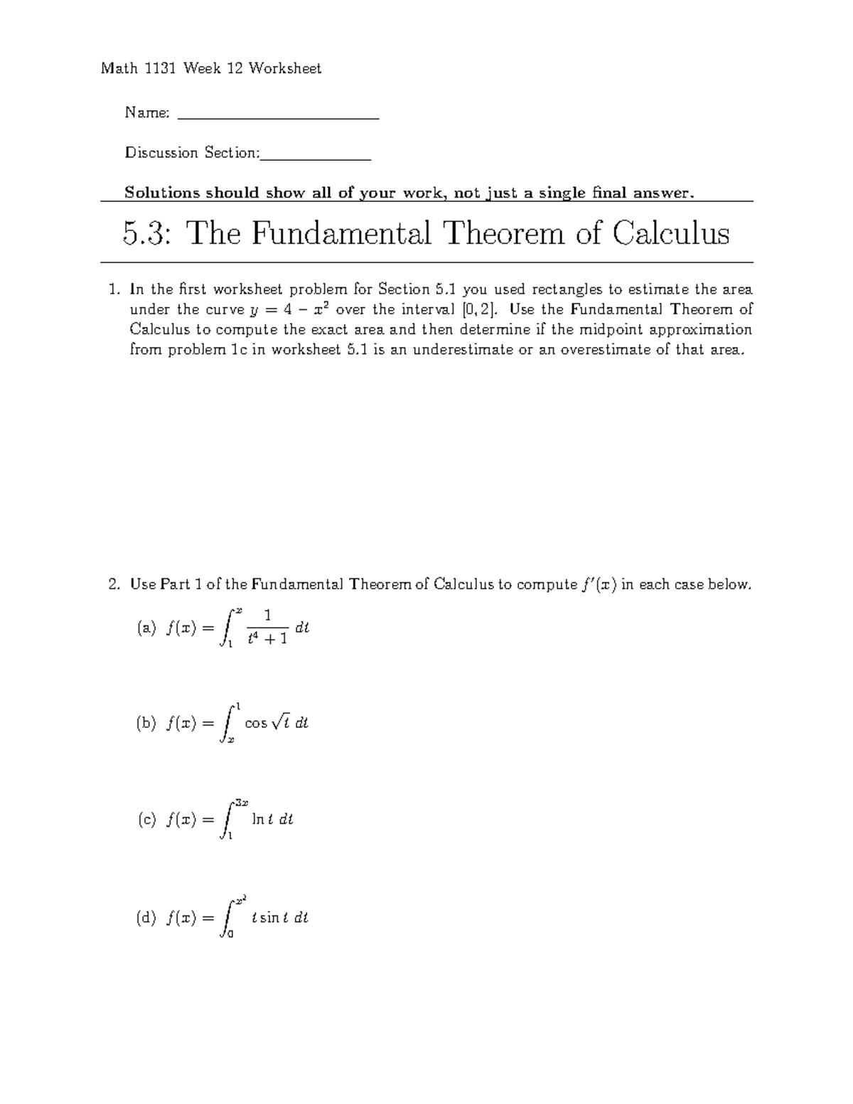 Math 1131 Week 12 Worksheet: Fundamental Theorem of Calculus Solutions ...
