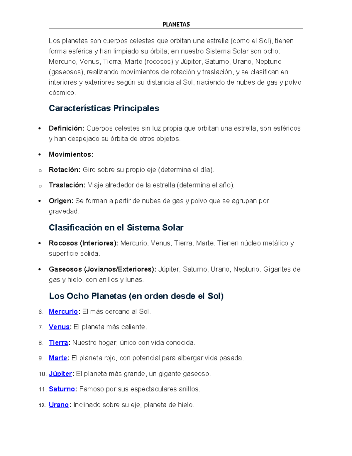 PLANETAS: Características y Clasificación en el Sistema Solar - Studocu