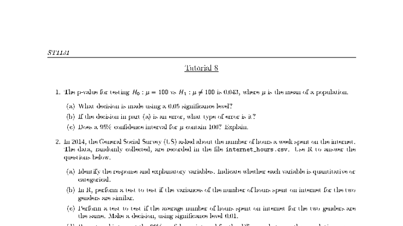 ST1131 Tutorial 8: Hypothesis Testing & Data Analysis - Studocu
