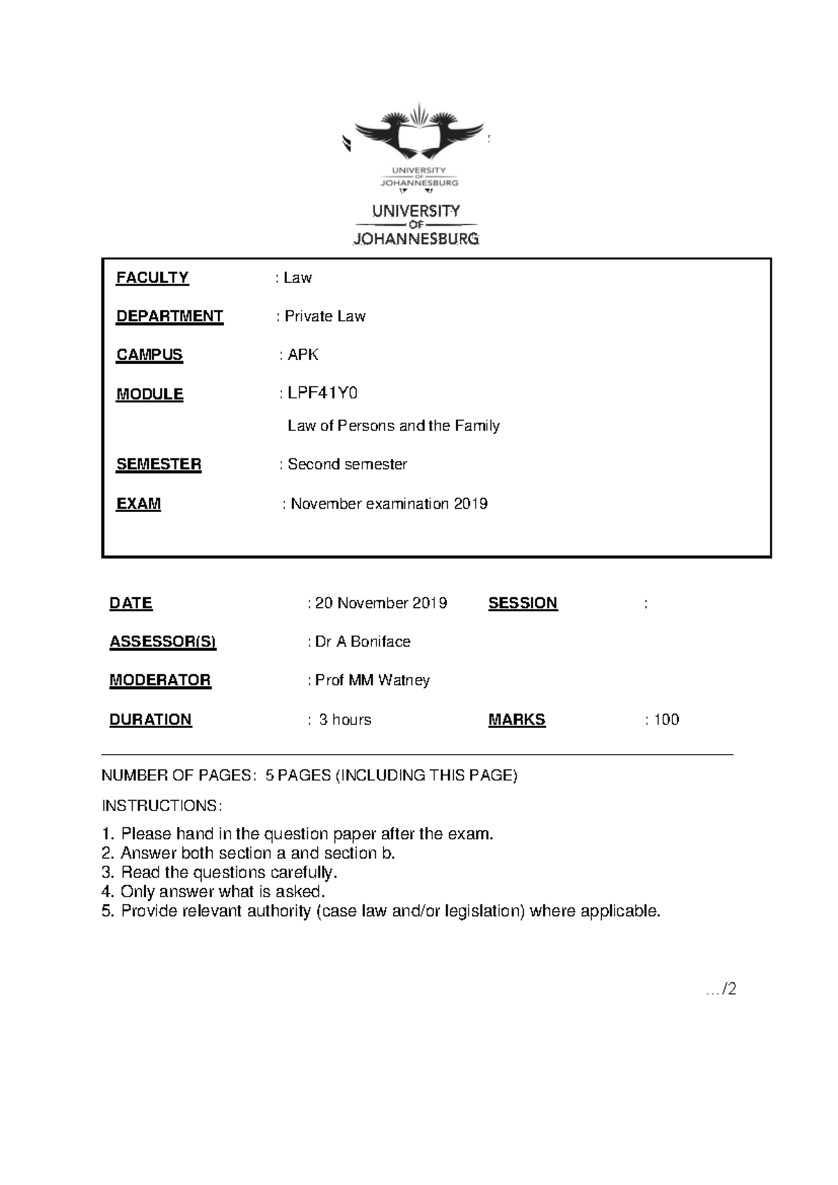 2019 LPF41Y0 Law of Persons & Family - November Exam Practice Test ...
