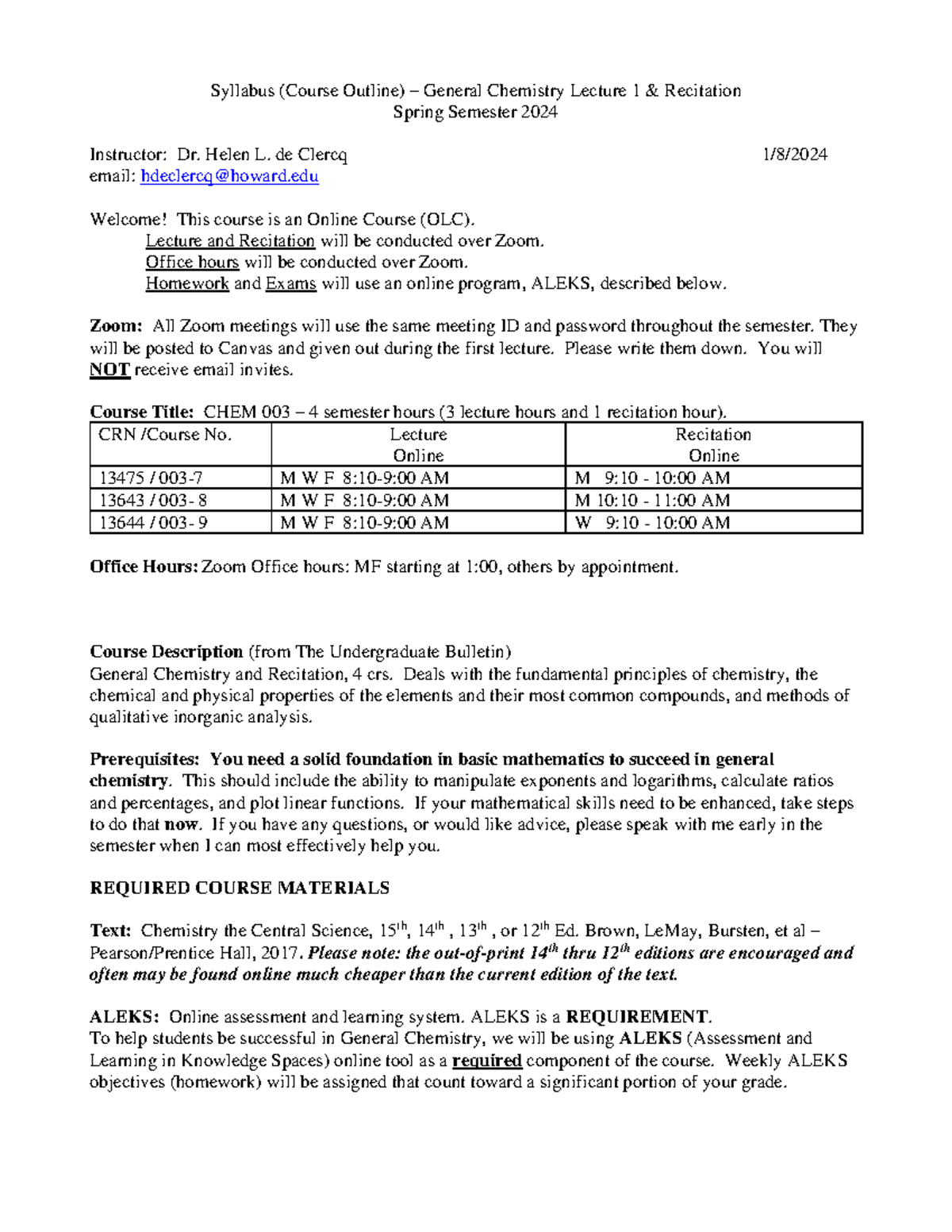 CHEM 003 Syllabus: General Chemistry Lecture 1 Recitation Spring 2024 ...