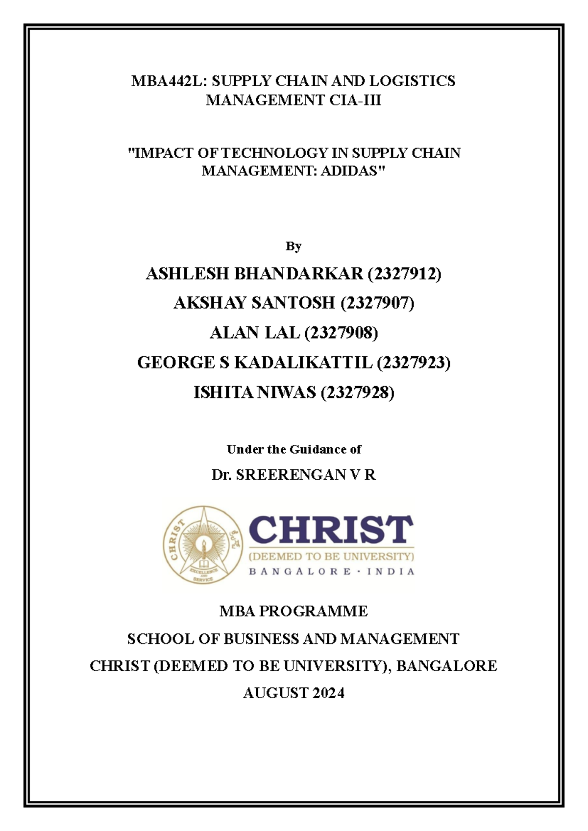 SLCM CIA3 - MBA CIA - MBA442L: SUPPLY CHAIN AND LOGISTICS MANAGEMENT ...