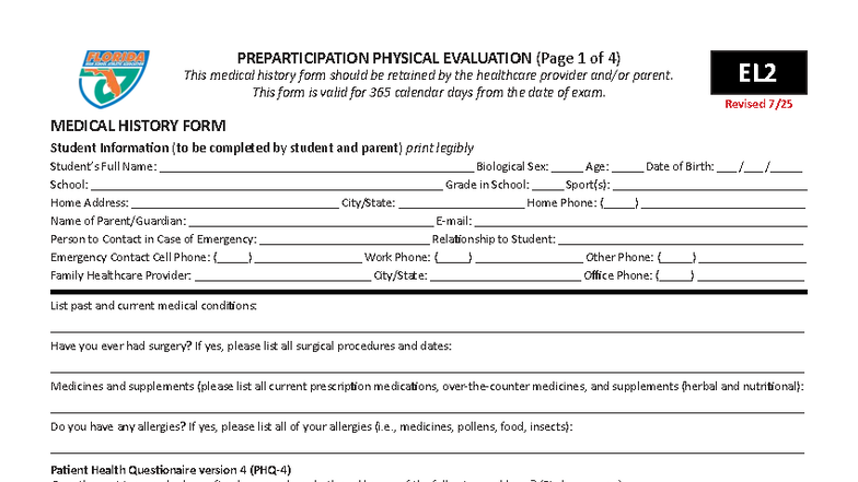 EL2 Preparticipation Physical Evaluation Form: Medical History & Eligibility - Studocu