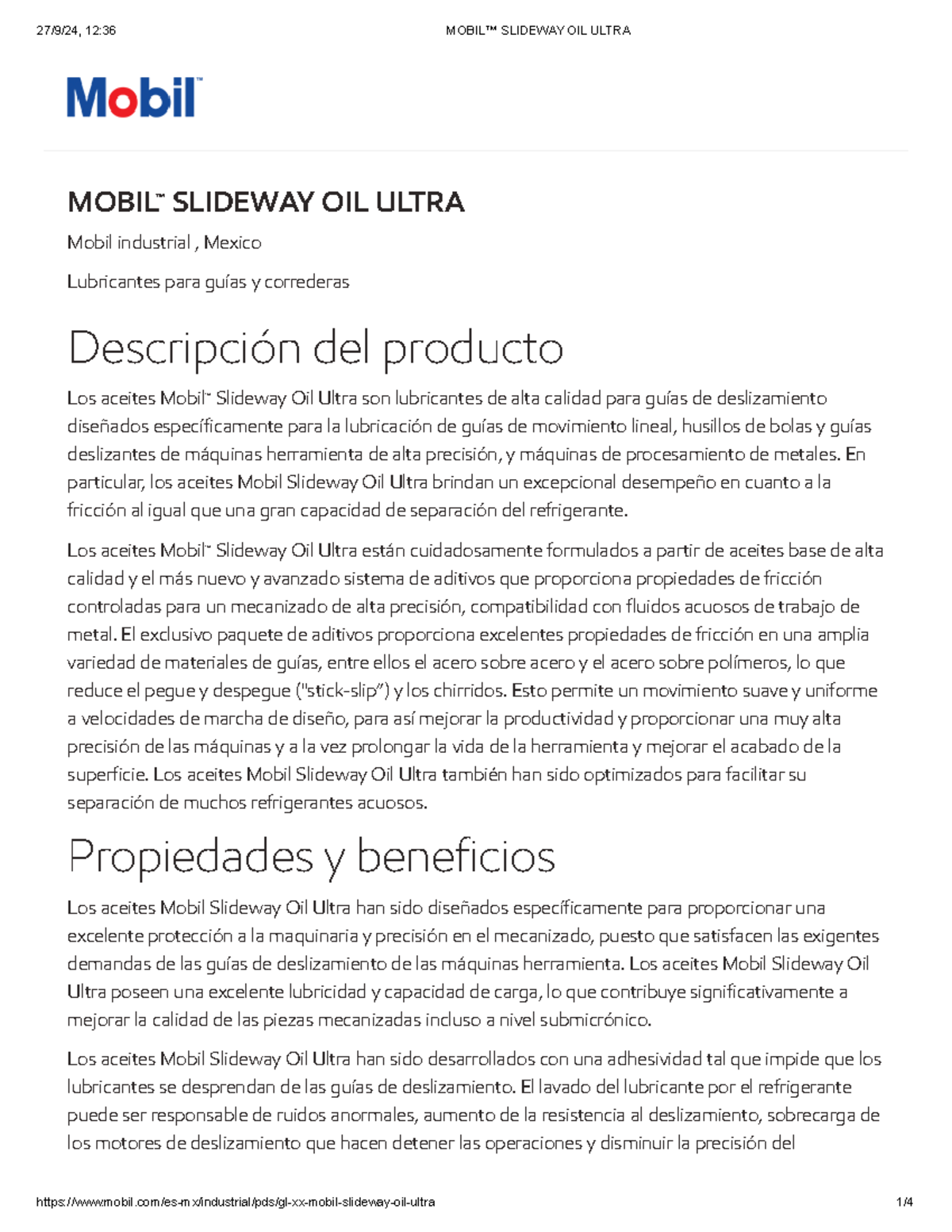 Mobil™ Slideway Oil Ultra: Lubricación de Guías de Deslizamiento - Studocu