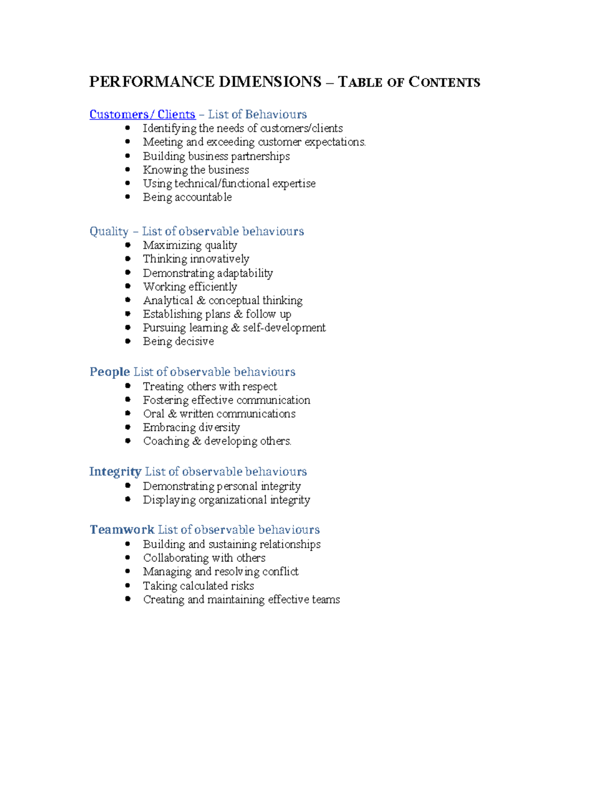 Sample performance management behaviours - PERFORMANCE DIMENSIONS ...