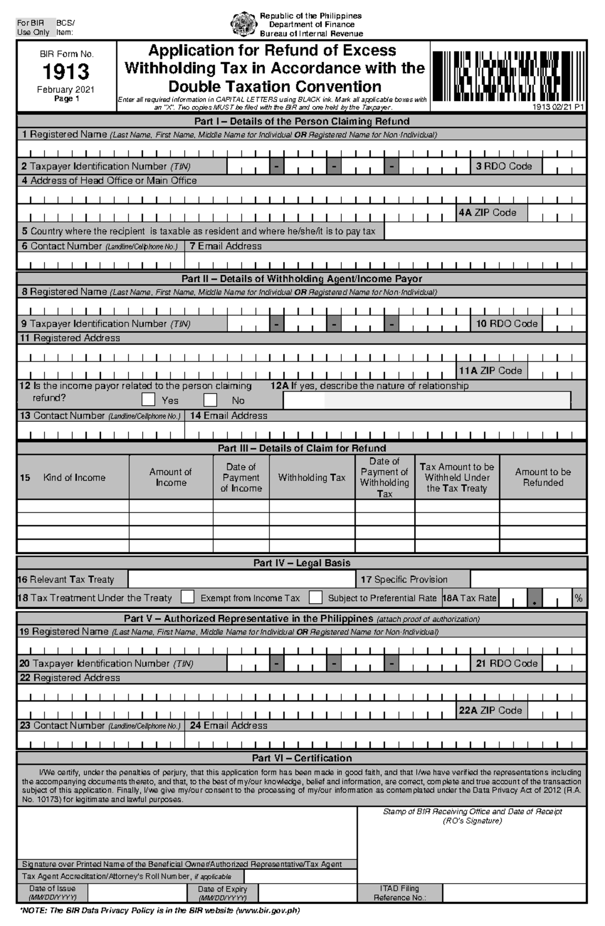 BIR Form 1913: Application for Refund of Withholding Tax - Studocu