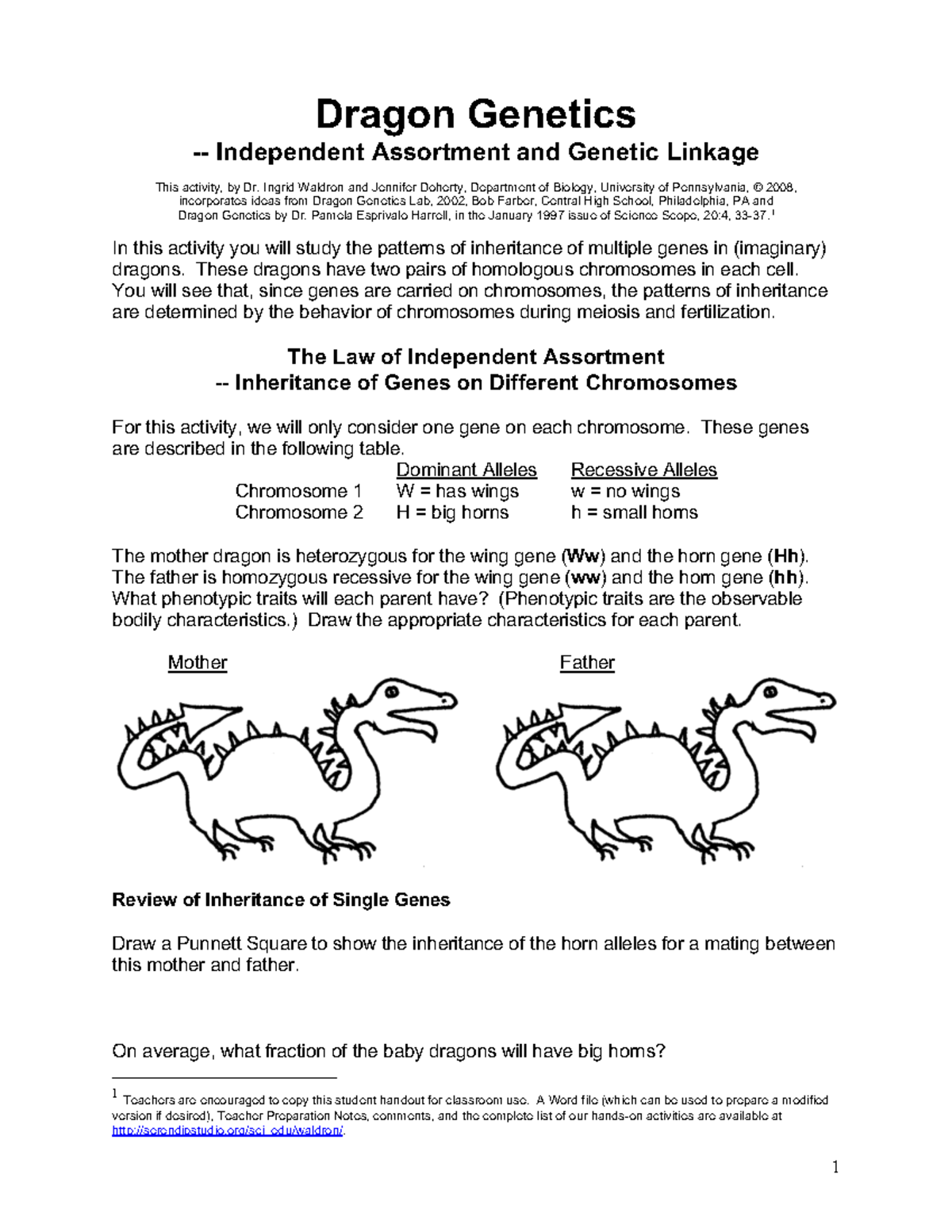 Dragon Genetics Protocol: Independent Assortment & Genetic Linkage ...