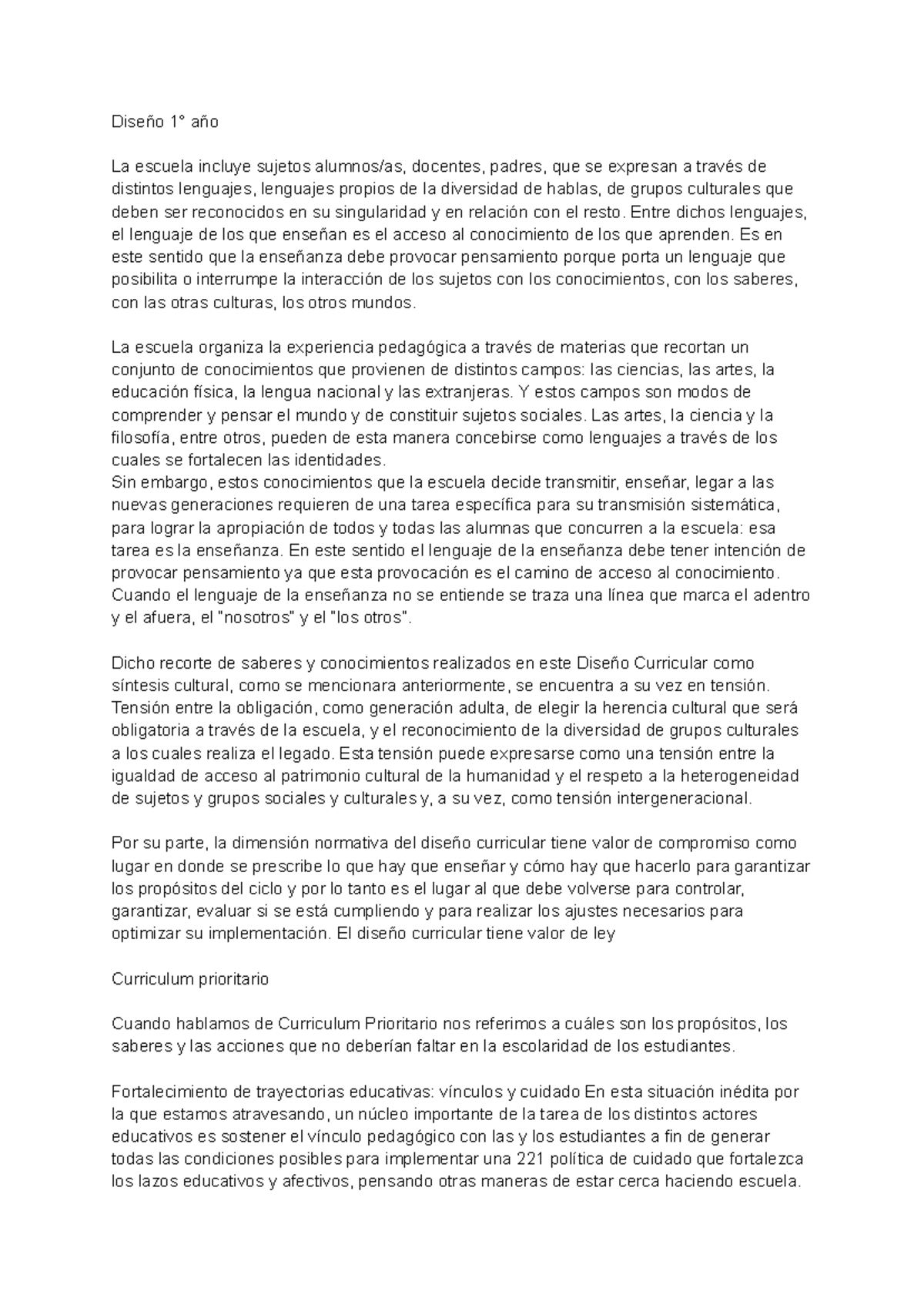 Diseño Curricular 1° Año y Prácticas del Lenguaje CP - Studocu