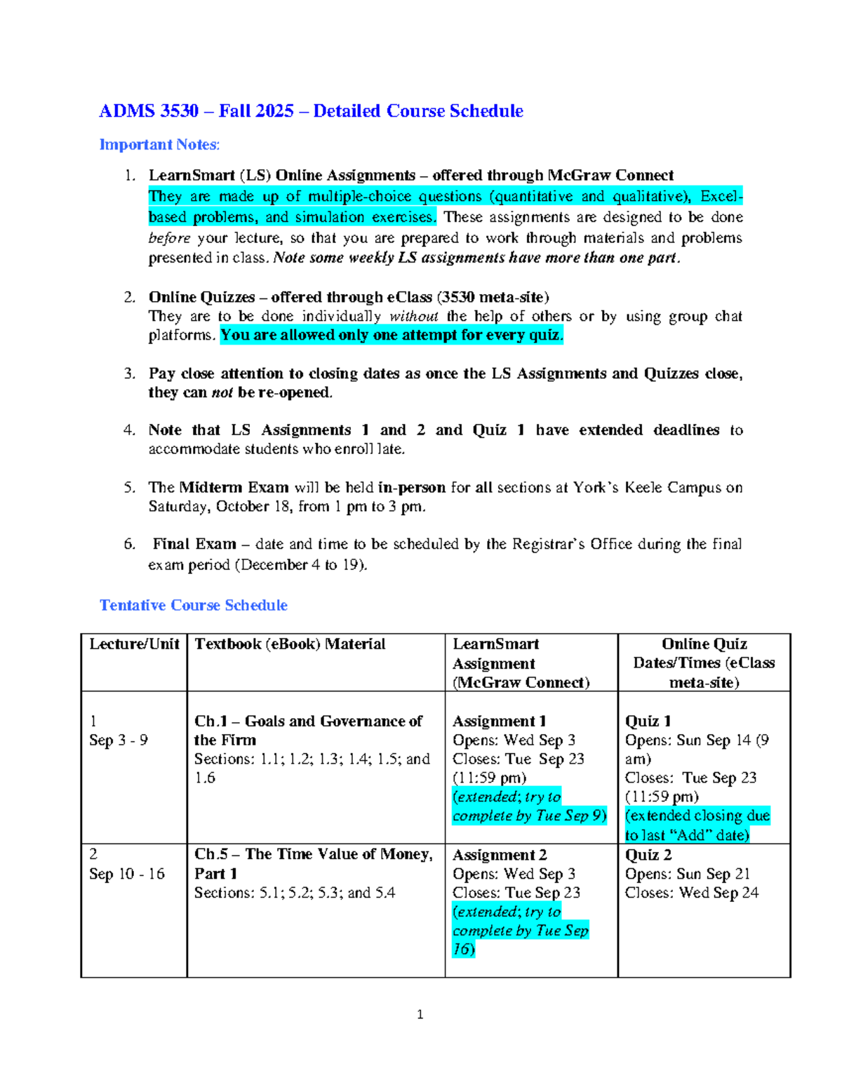ADMS 3530 Fall 2025 Course Schedule & Important Notes - Studocu