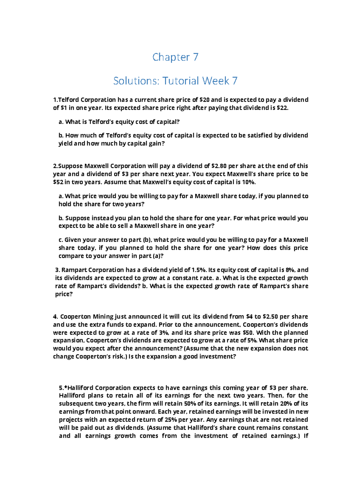 Chapter 7 Solutions: Tutorial Questions for Week 7 - Studocu