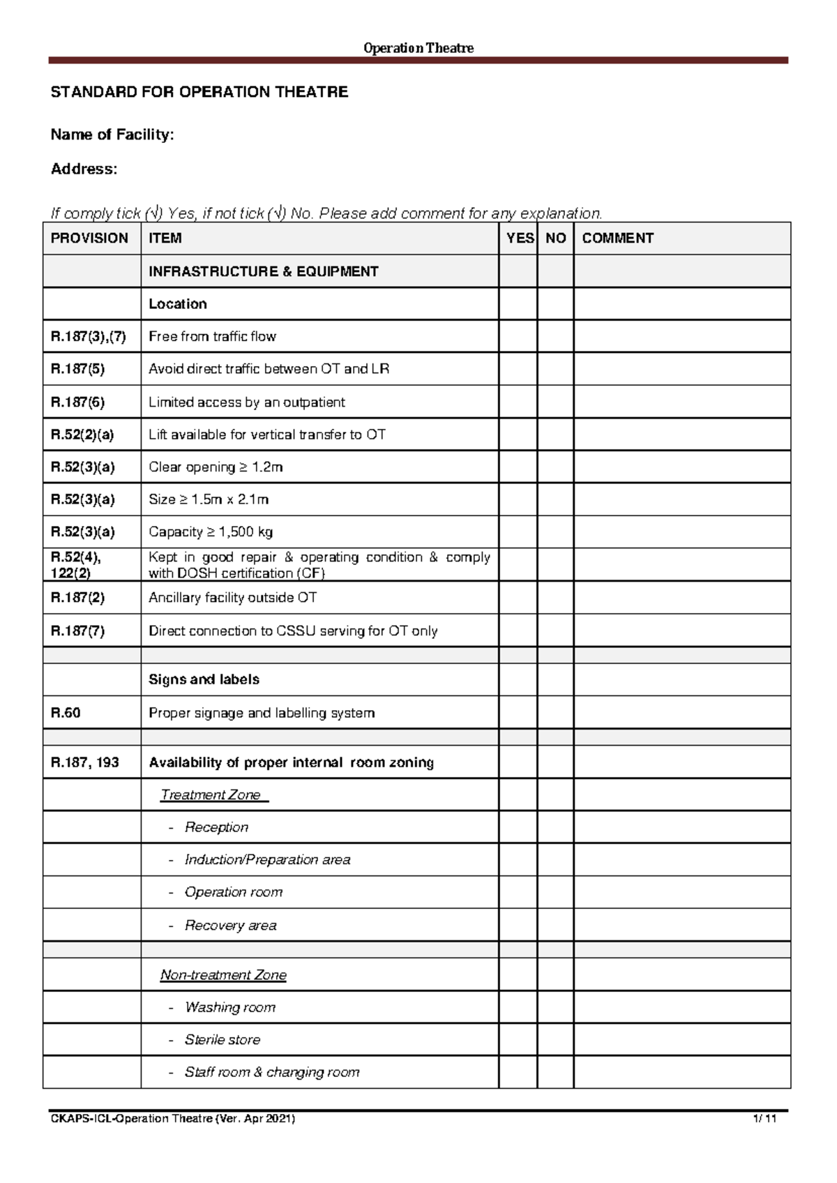 07OT Standard for Operation Theatre Compliance Checklist - Oct 2016 ...