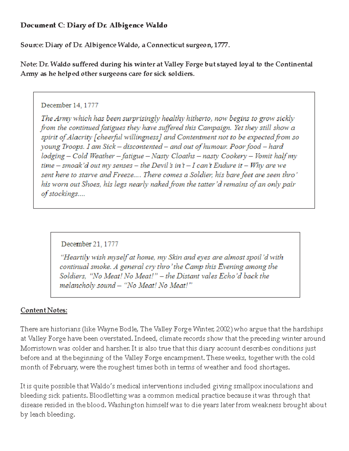 Diary of Dr. Albigence Waldo: Insights from Valley Forge - Studocu