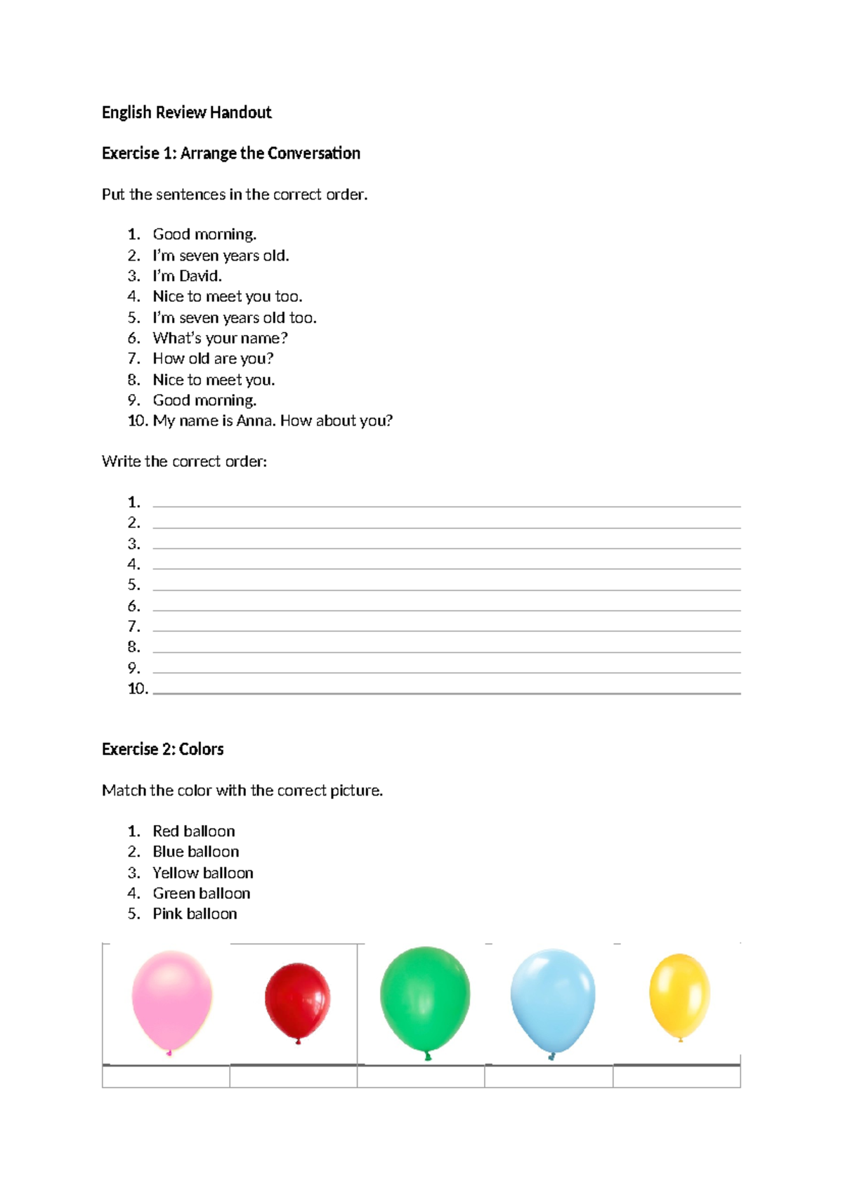English Review Handout: Exercises on Conversation, Colors, and More ...