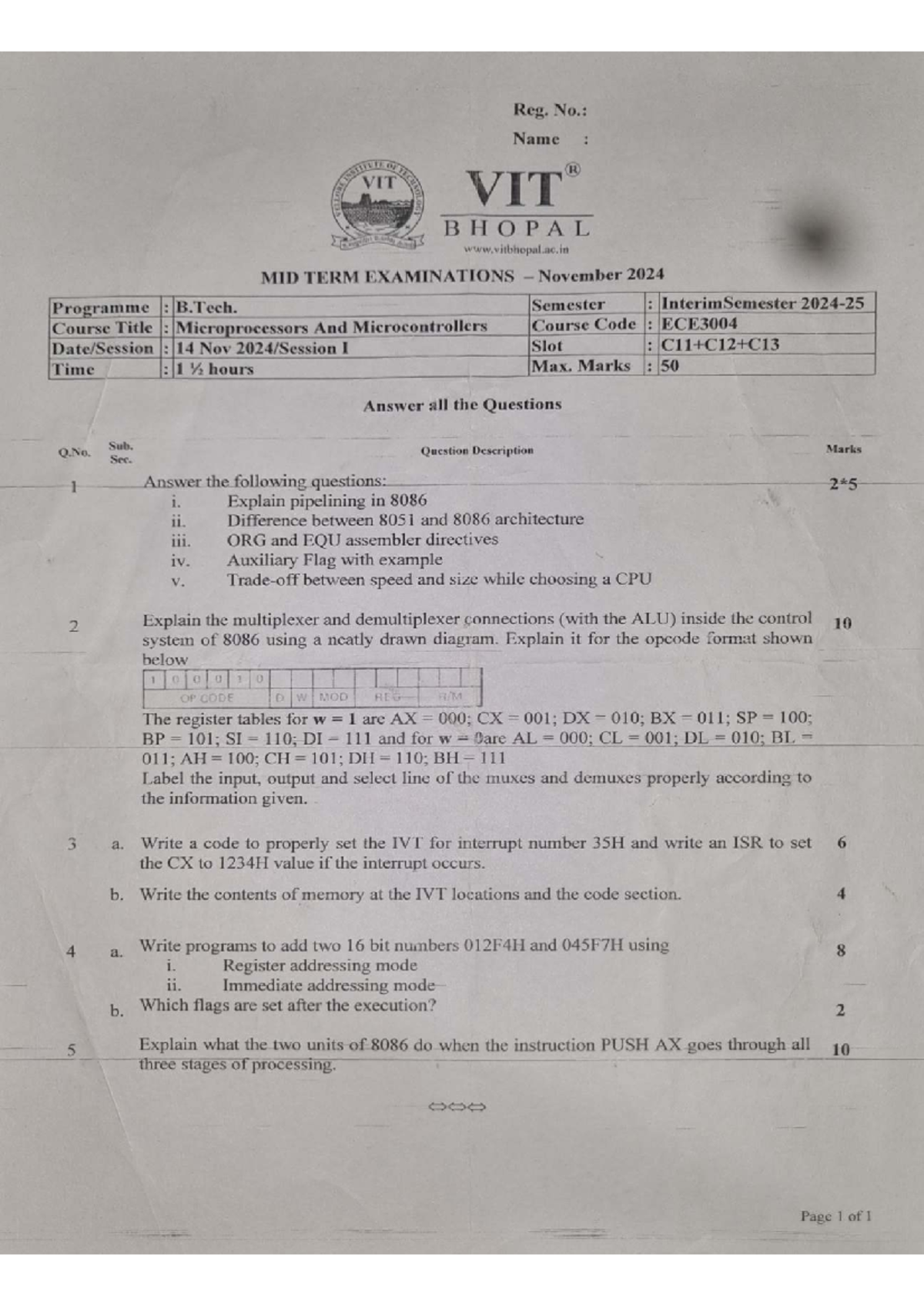 ECE3004 - Microprocessors & Microcontrollers Mid Term Exam PYQ-2 - Studocu
