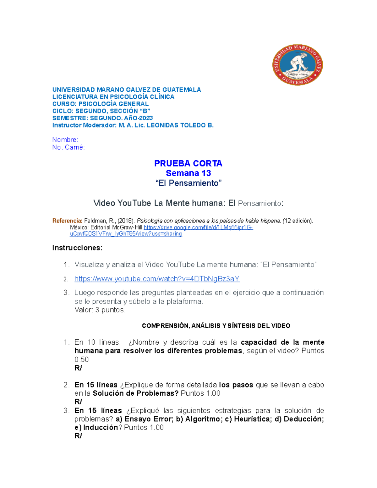 Tarea Semana 13 Ejercicio del Pensamiento.Clinica. II Ciclo.Psico ...