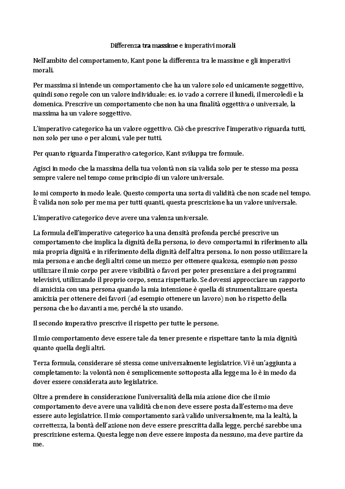Kant - Differenze tra Massime e Imperativi Morali - Studocu