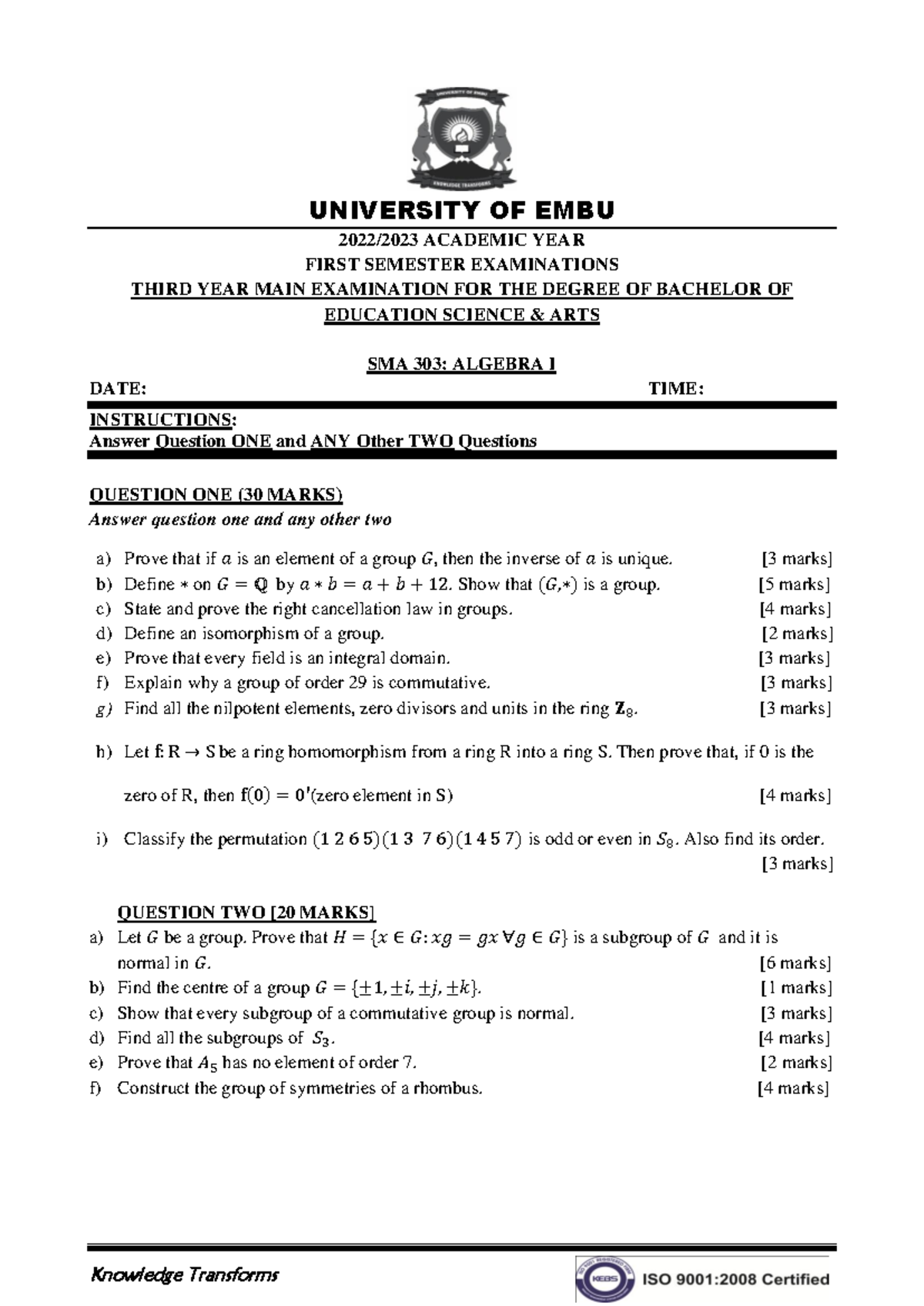 SMA 303: Algebra I Final Exam Revision Material 2022 - Studocu