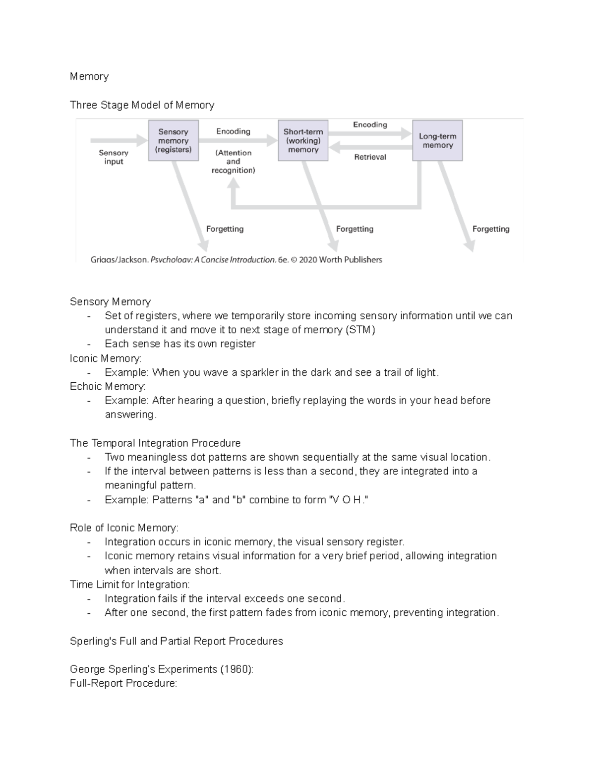 Psych chapter 5,7,4 - Memory Three Stage Model of Memory Sensory Memory ...
