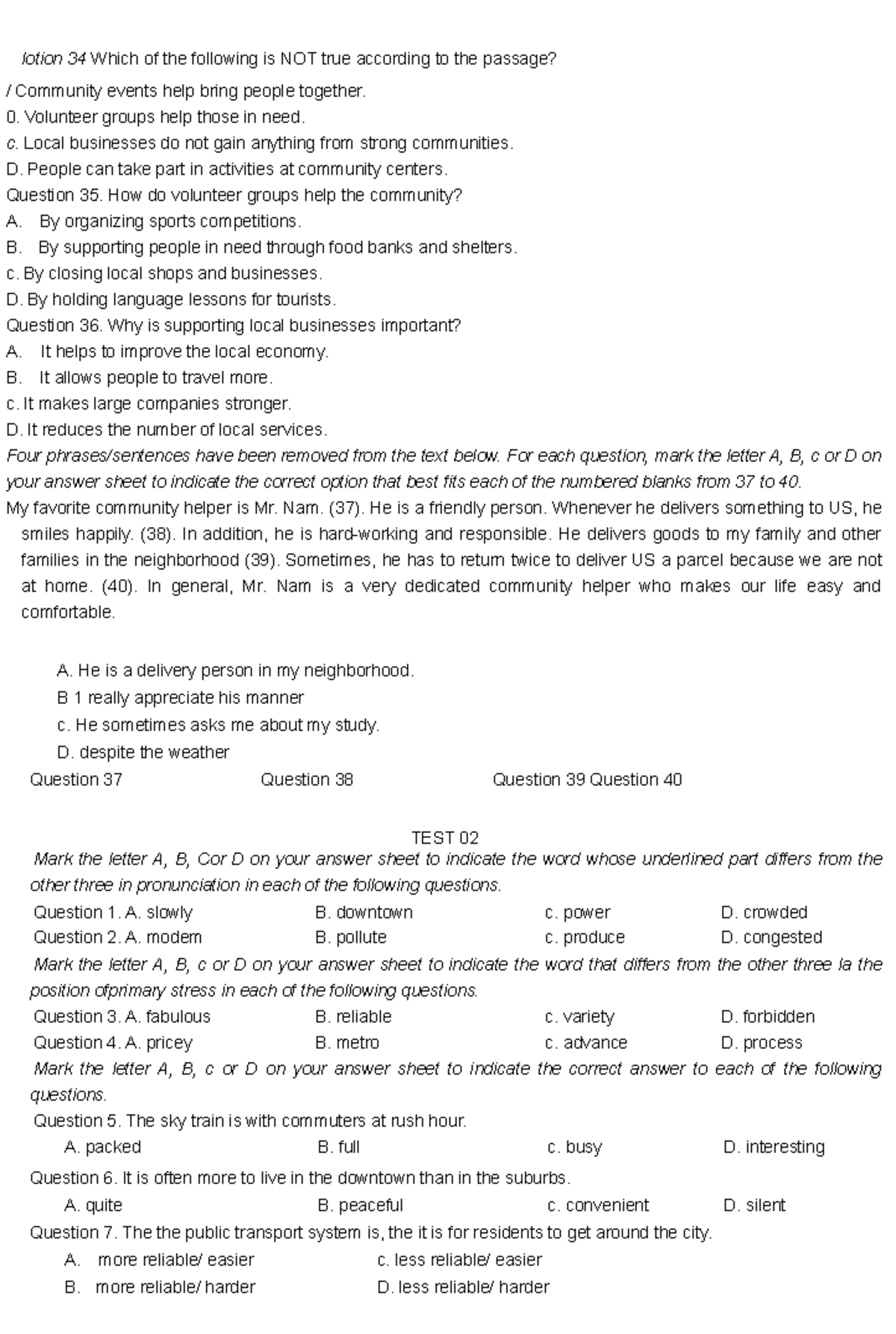 121212 - Community Helper Quiz and Vocabulary Test - Studocu