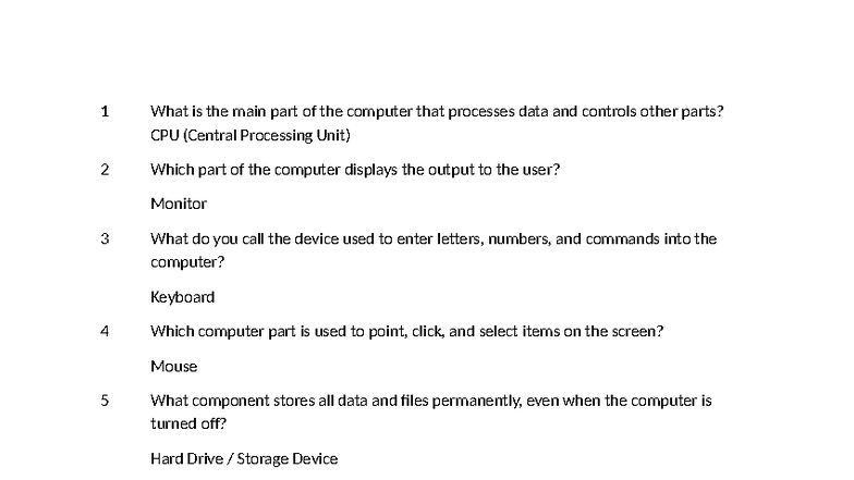 Activity - Work sheet - 1 What is the main part of the computer that ...