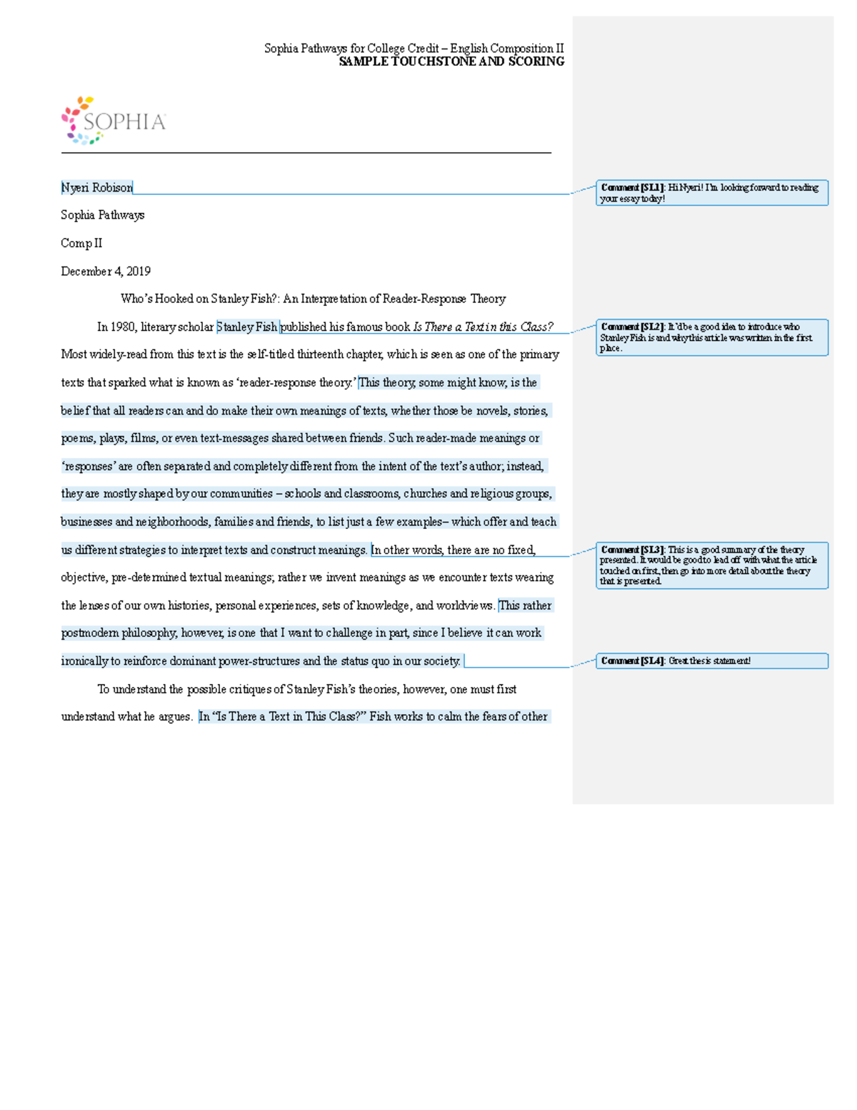 Touchstone 1.1 Sample Essay - SAMPLE TOUCHSTONE AND SCORING Nyeri ...