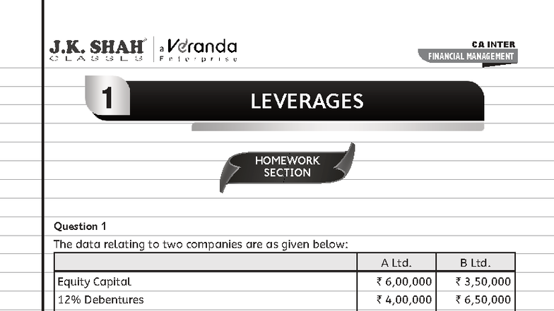 CA INTER FINANCIAL MANAGEMENT 1 LEVERAGES HOMEWORK QUESTIONS & SOLUTIONS - Studocu