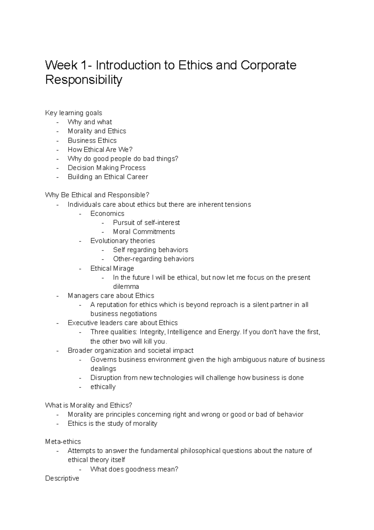 Ethics Notes (Course Code: ETH-101) - Key Concepts and Theories - Studocu