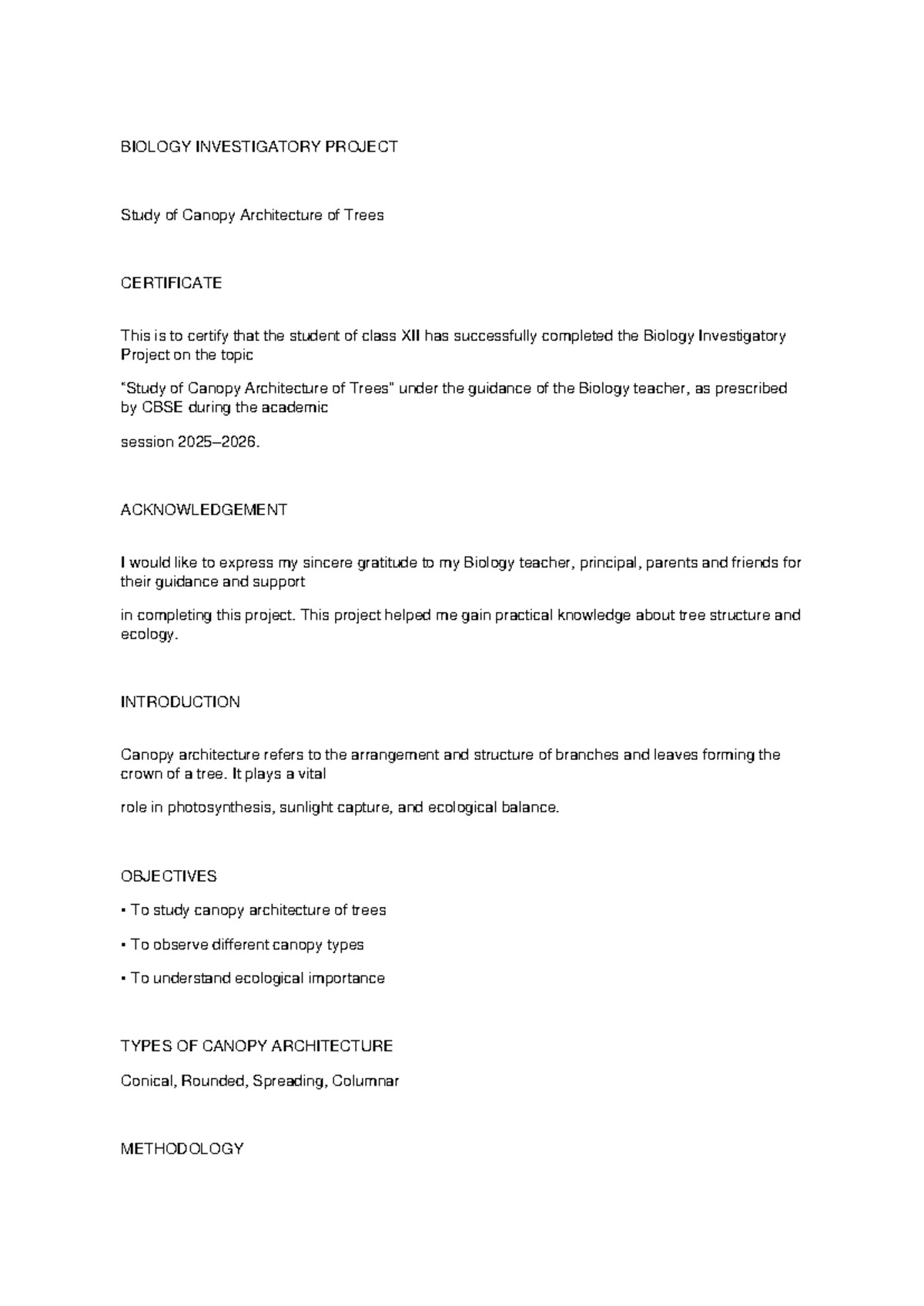 BIOLOGY INVESTIGATORY PROJECT: Canopy Architecture Study - Studocu