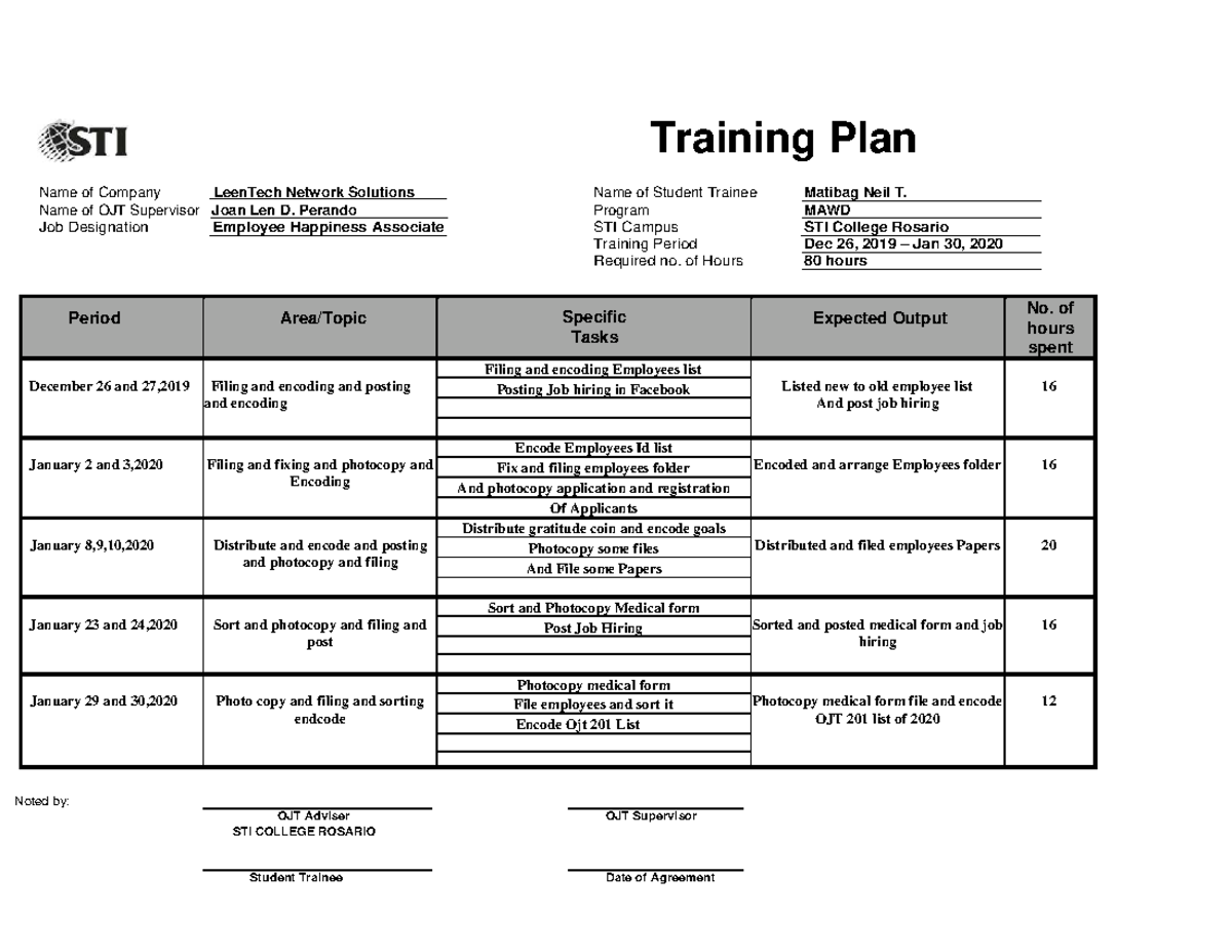 Matibag Plan Train - dadaw - Training Plan Name of Company LeenTech Network Solutions Name of ...
