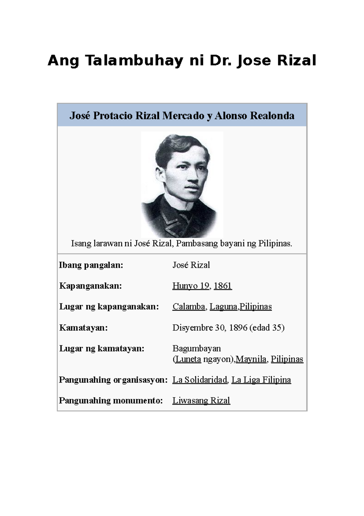 Talambuhay ni Dr. Jose Rizal: Isang Pagsusuri ng Kanyang Biyograpiya ...