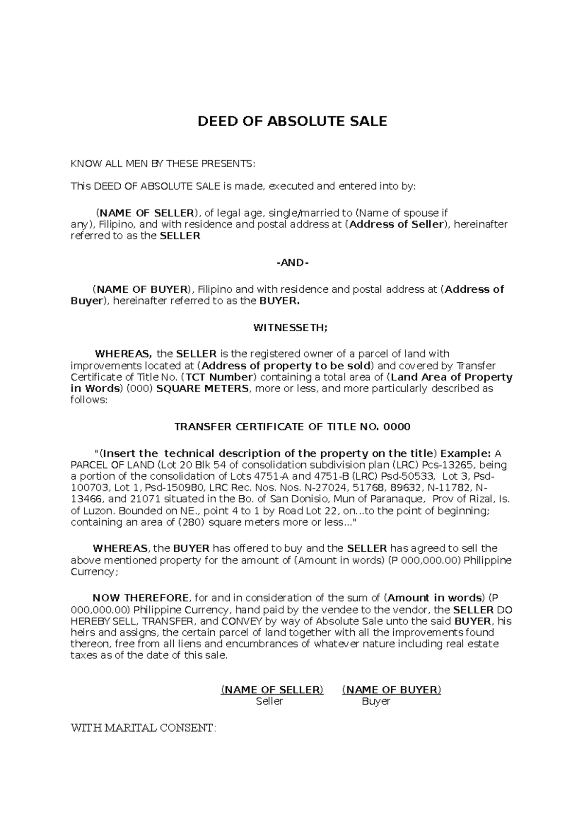 DEED OF ABSOLUTE SALE - Sample Format for Legal Documentation - Studocu
