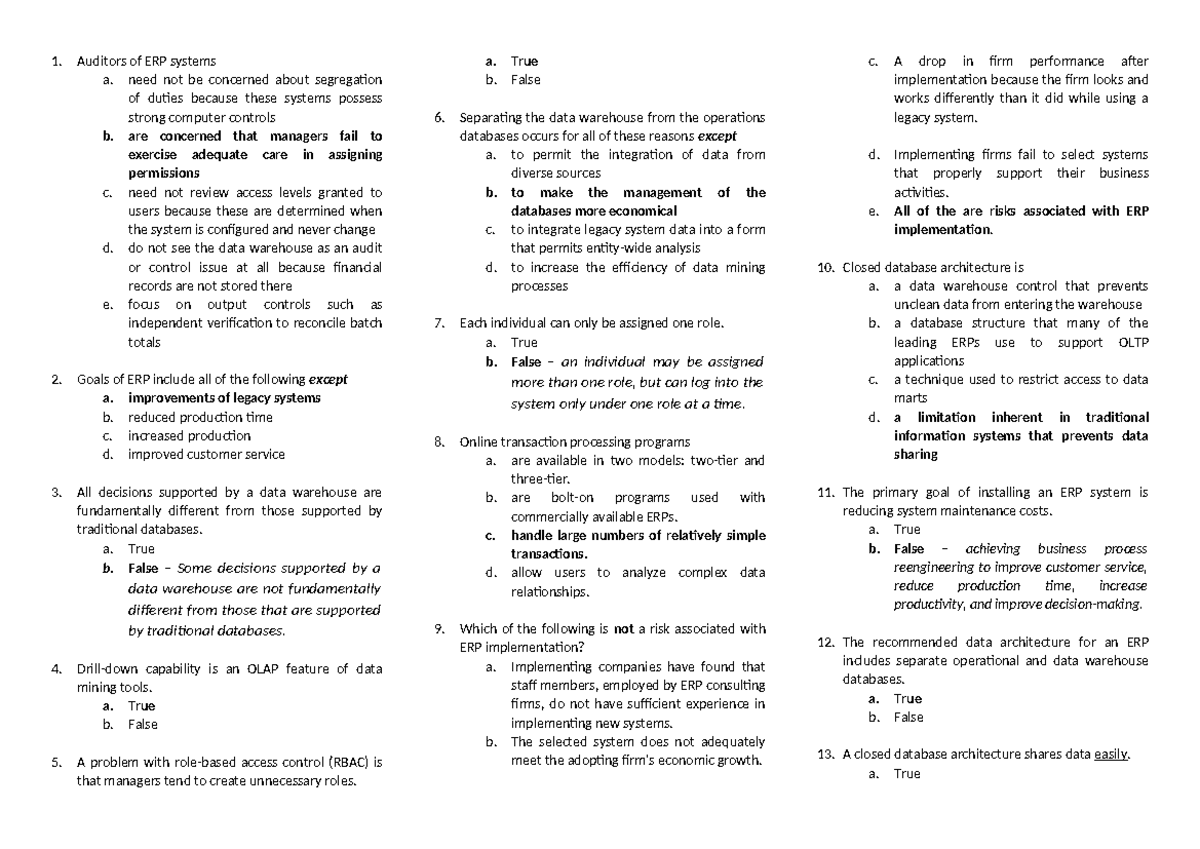 AIS Ch 1: ERP Systems Audit Answer Key and Insights - Studocu