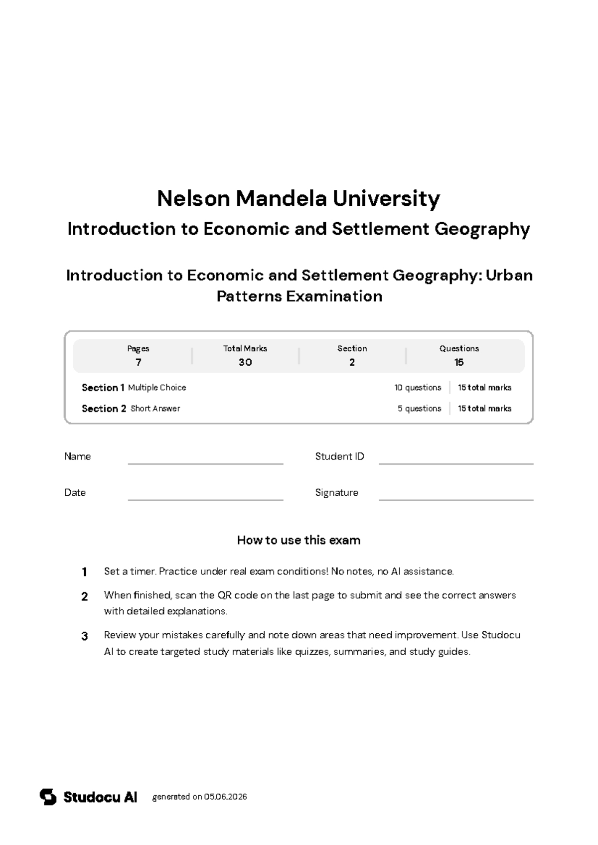 Urban Patterns Examination: Introduction to Economic Geography - Studocu
