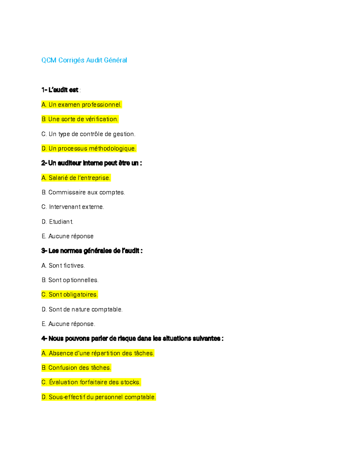 Audit Général QCM Corrigés - Examen Final Audit 2023 - Studocu