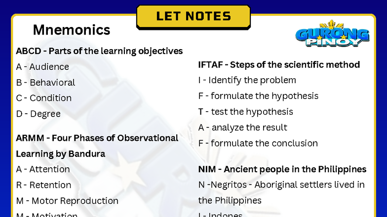√Mnemonics - General education - LET NOTES Mnemonics ABCD - Parts of ...