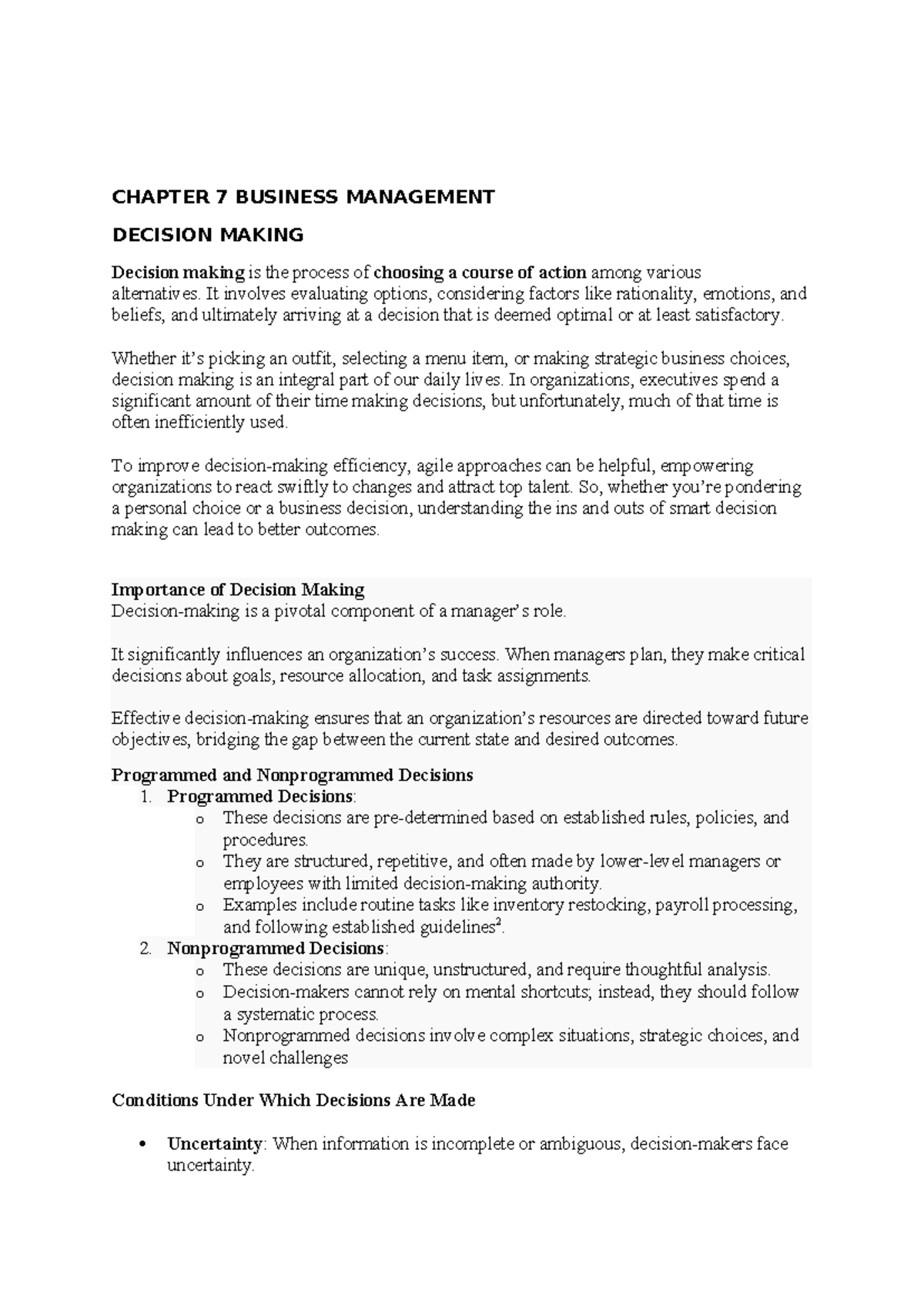 CHAPTER 7 BUSINESS MANAGEMENT DECISION MAKING NOTES - Studocu