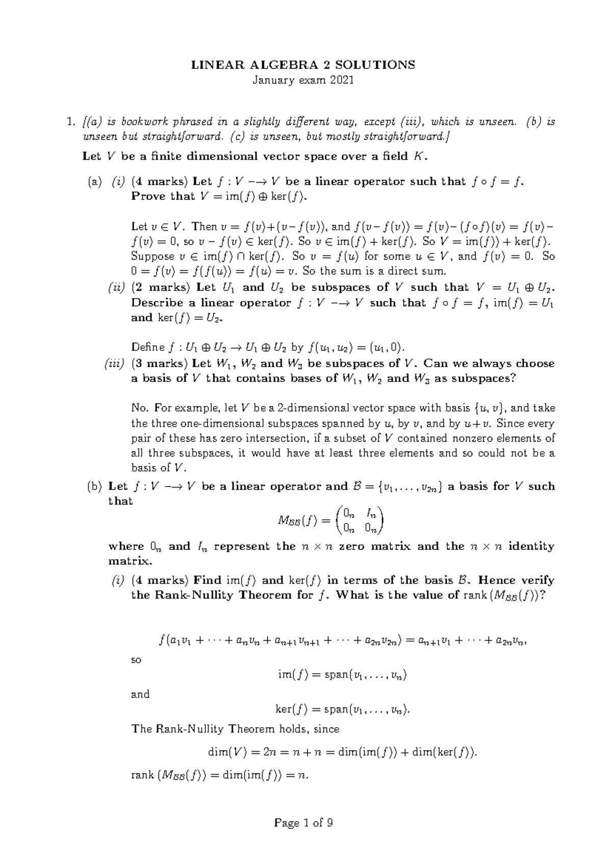 LA2 solutions 2021 - exam solution - LINEAR ALGEBRA 2 SOLUTIONS January ...