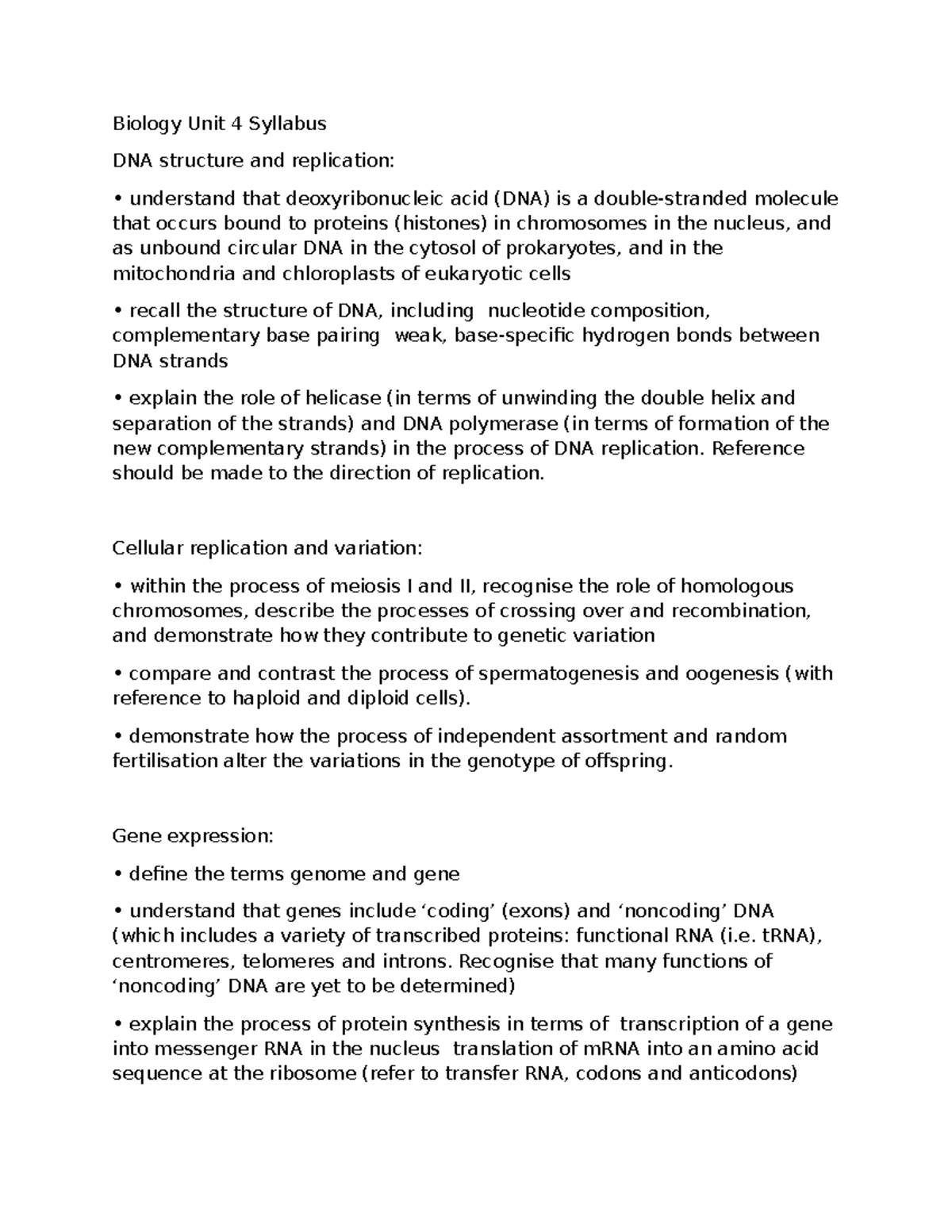 Biology Unit 4 Syllabus: DNA Structure, Replication & Inheritance - Studocu