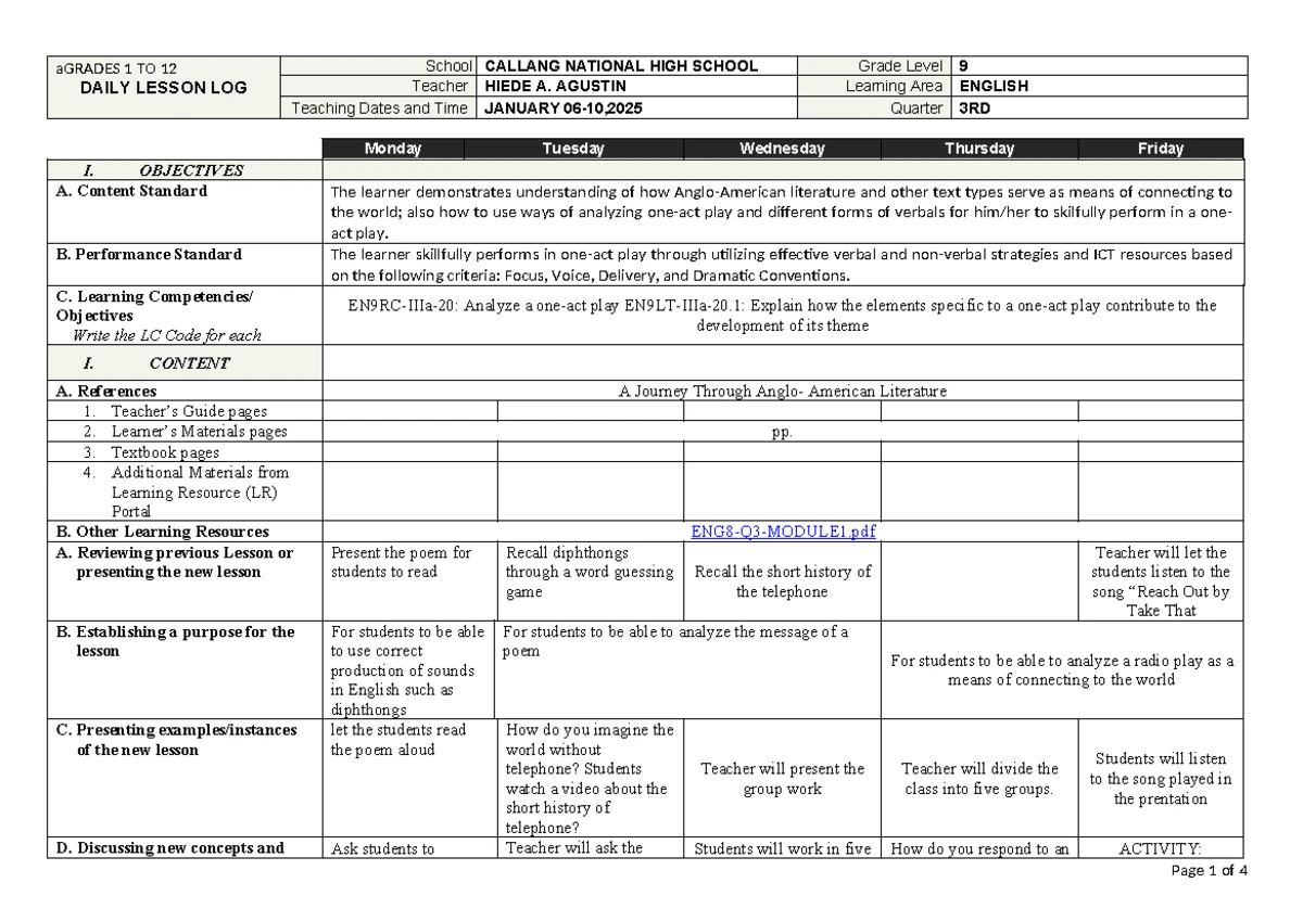 WEEK 1 DLL ENGLISH 9 - Quarter 1 2024-2025 Daily Lesson Log - Studocu