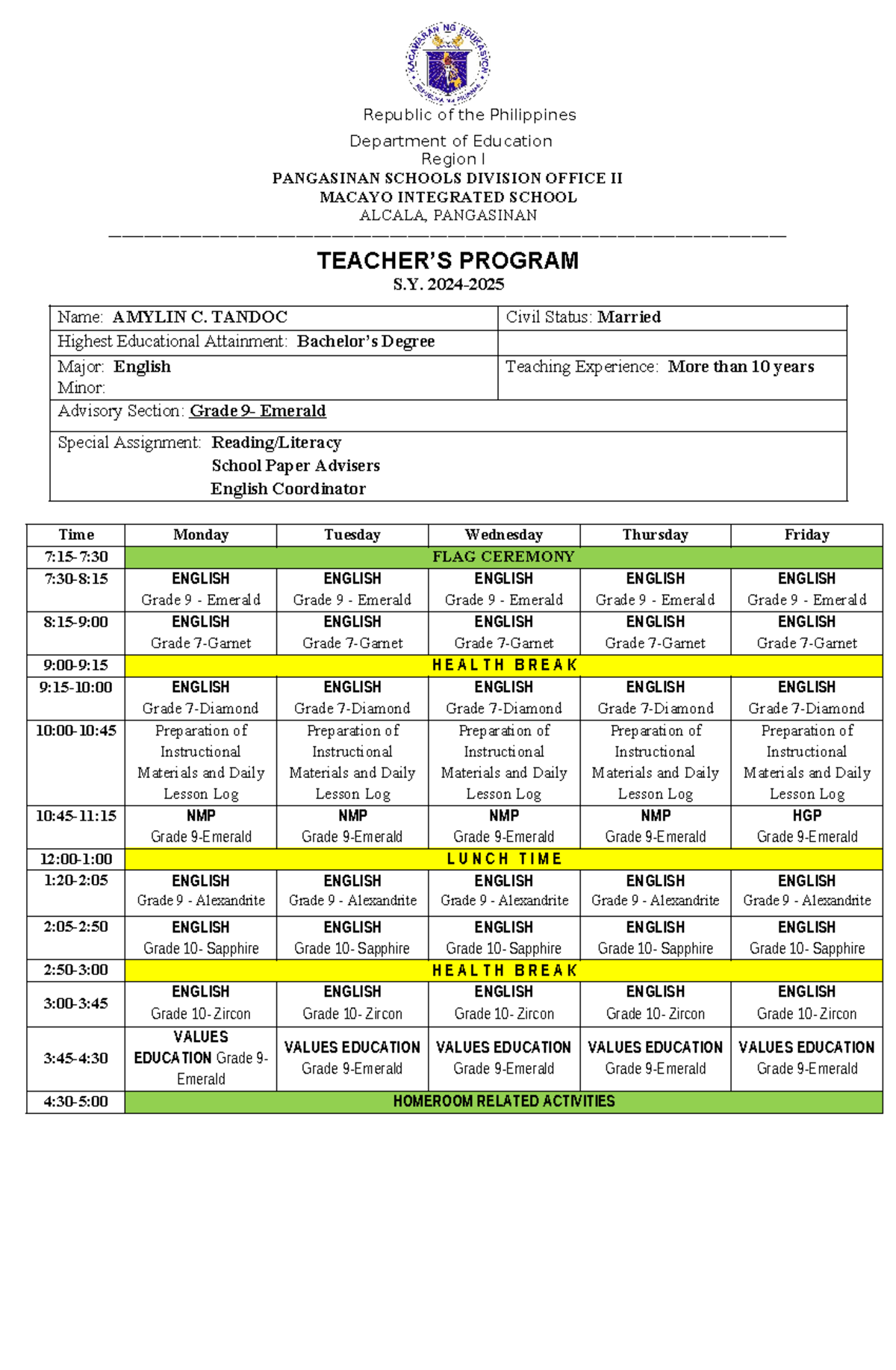 Teachers Program 2024-2025 Overview and Schedules - Studocu